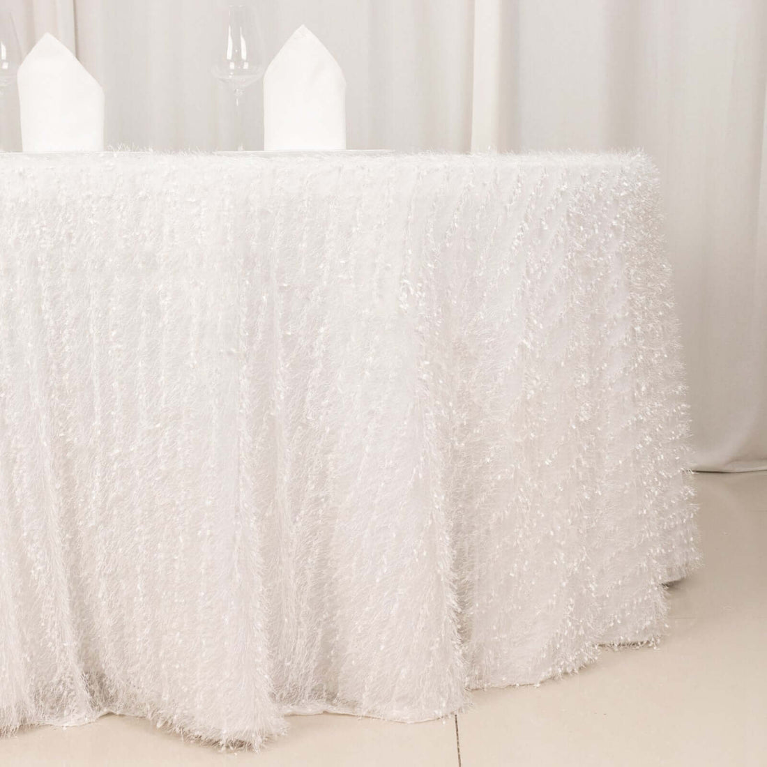 Fringe Shag Polyester Tablecloth 120" White | eFavormart
