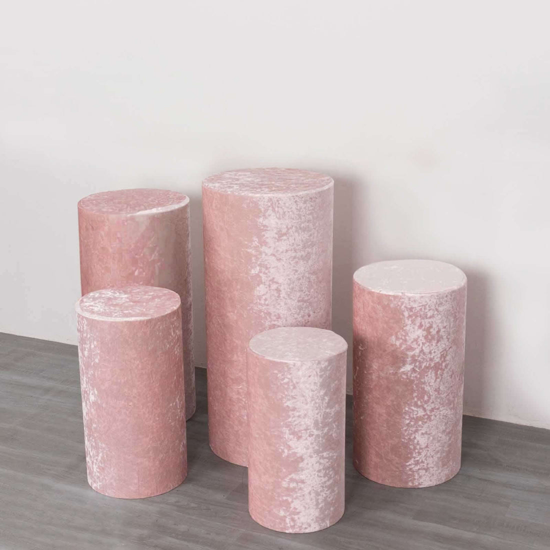 5 Blush Crushed Velvet Cylinder Pillar Prop Covers | eFavormart
