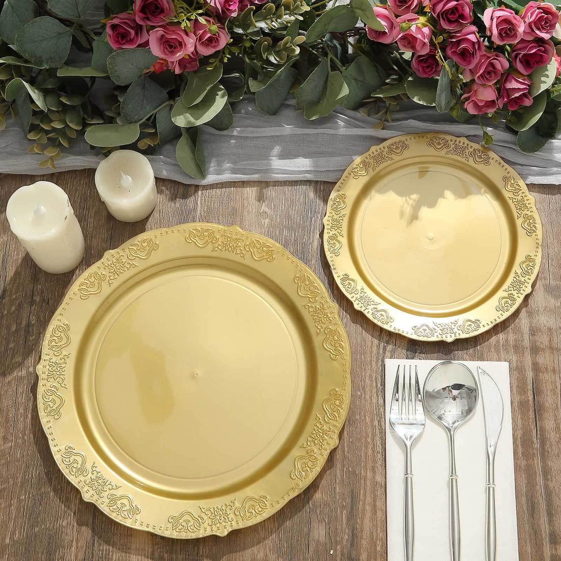 Plastic Embossed Dinner Plates 7.5" Gold | eFavormart