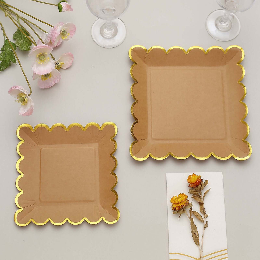 Paper Square Dinner Plates 9" Natural Brown Gold Rim | eFavormart