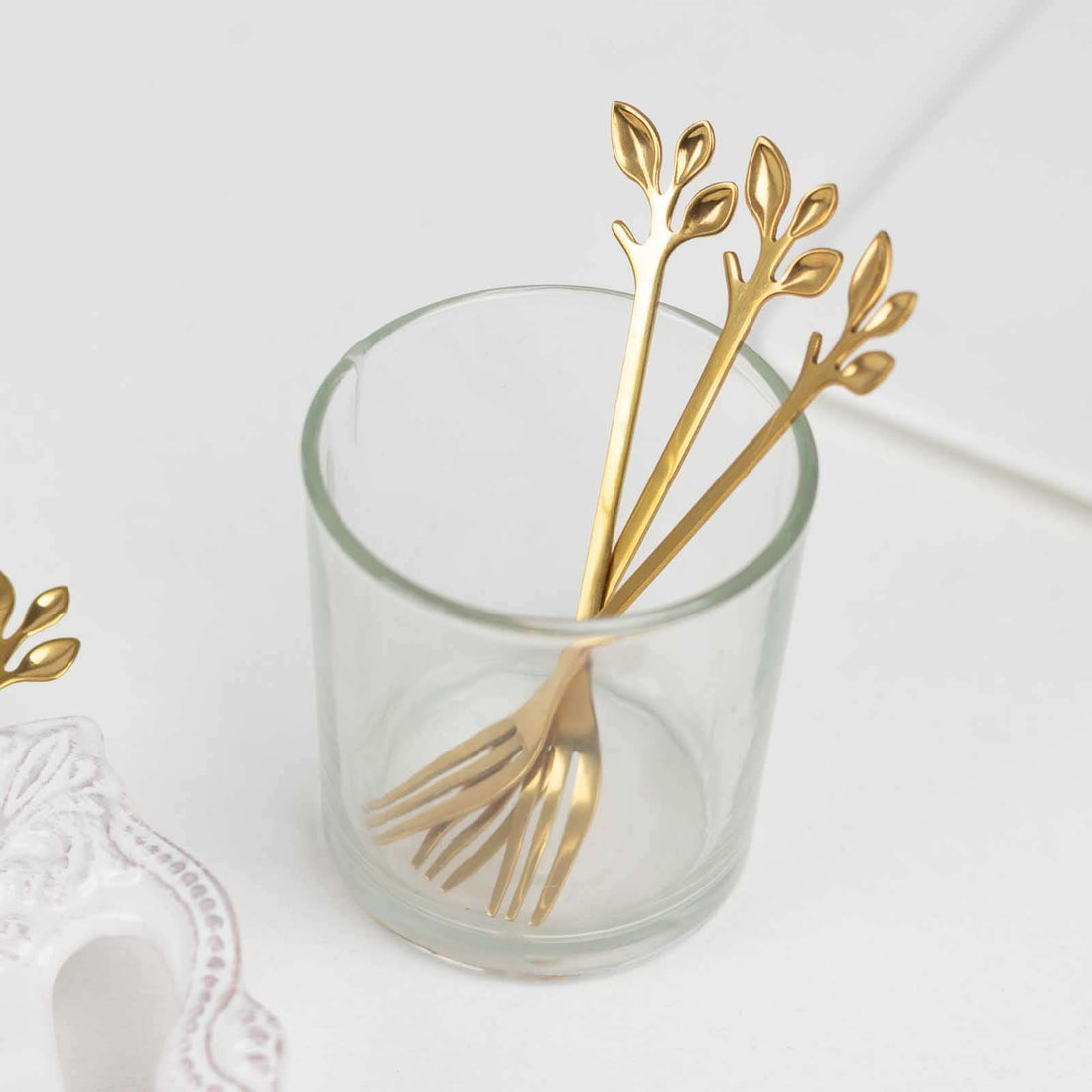 Gold Metal Leaf Handle Dessert Forks 4-Pack | eFavormart