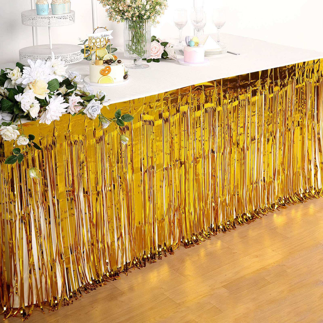 Metallic Foil Fringe Table Skirt 30"x9ft Gold | eFavormart