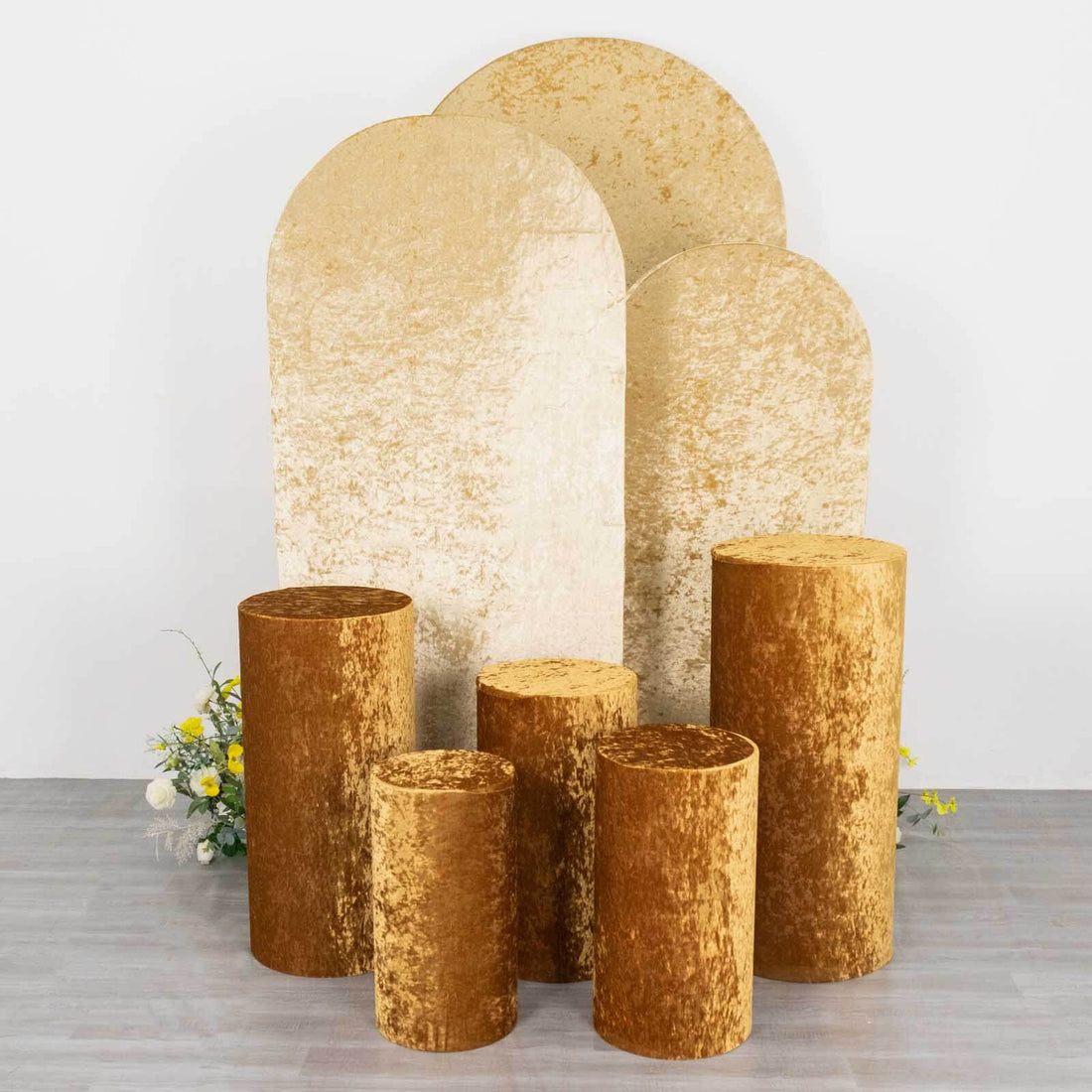 5 Gold Crushed Velvet Cylinder Pillar Prop Covers | eFavormart