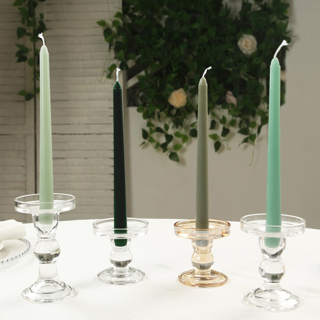 Mixed Sage Green Taper Candles 12 Pack | eFavormart