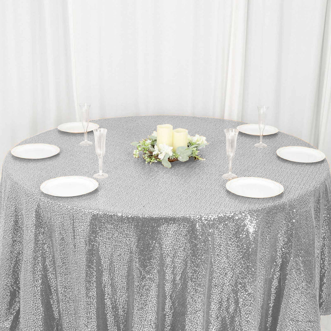 Sequin Round Tablecloth 120" Silver | eFavormart