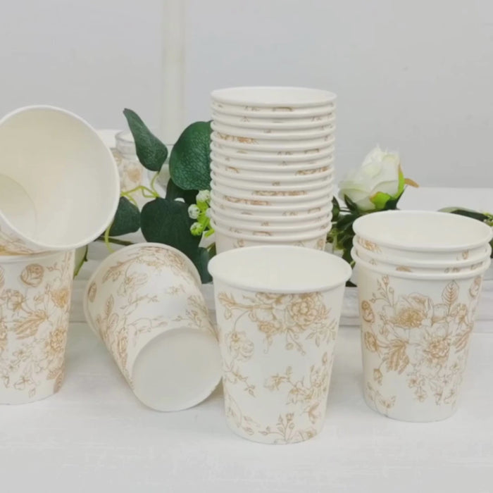 French Toile Paper Cups 9oz White/Gold | eFavormart
