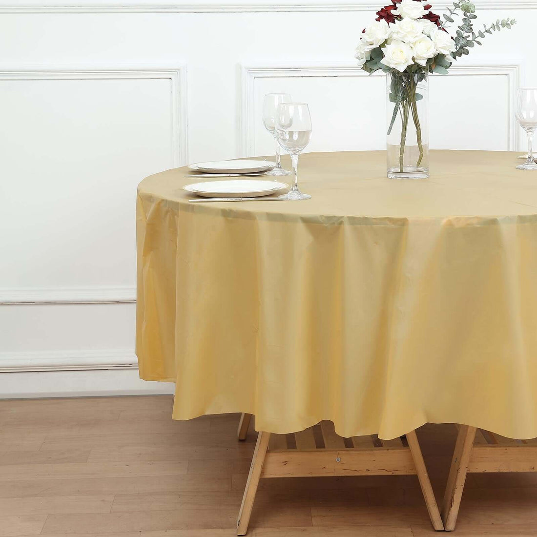 Plastic Round Table Covers 84" Gold | eFavormart