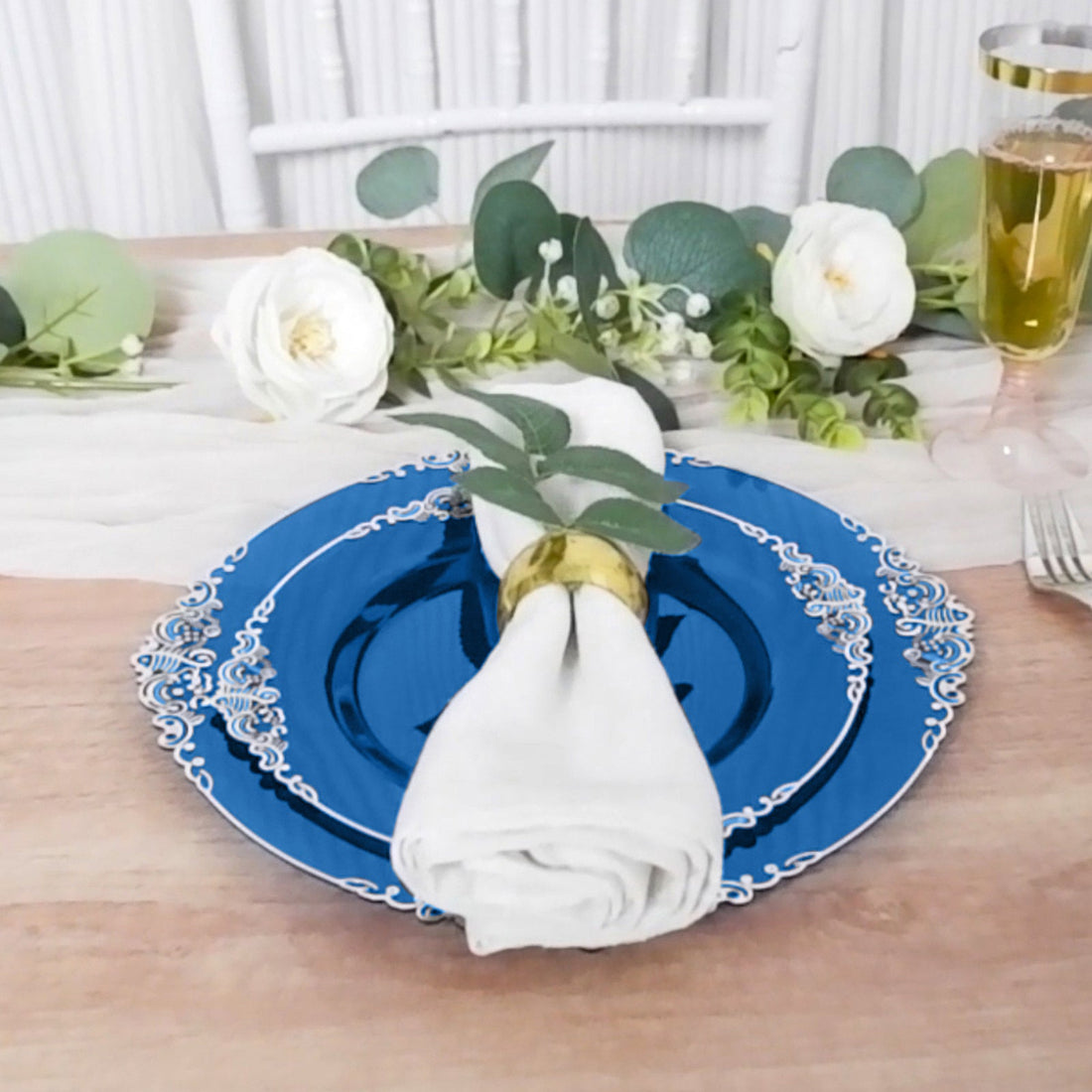 Embossed Rim Plastic Salad Plates 8" Navy Blue/Silver | eFavormart