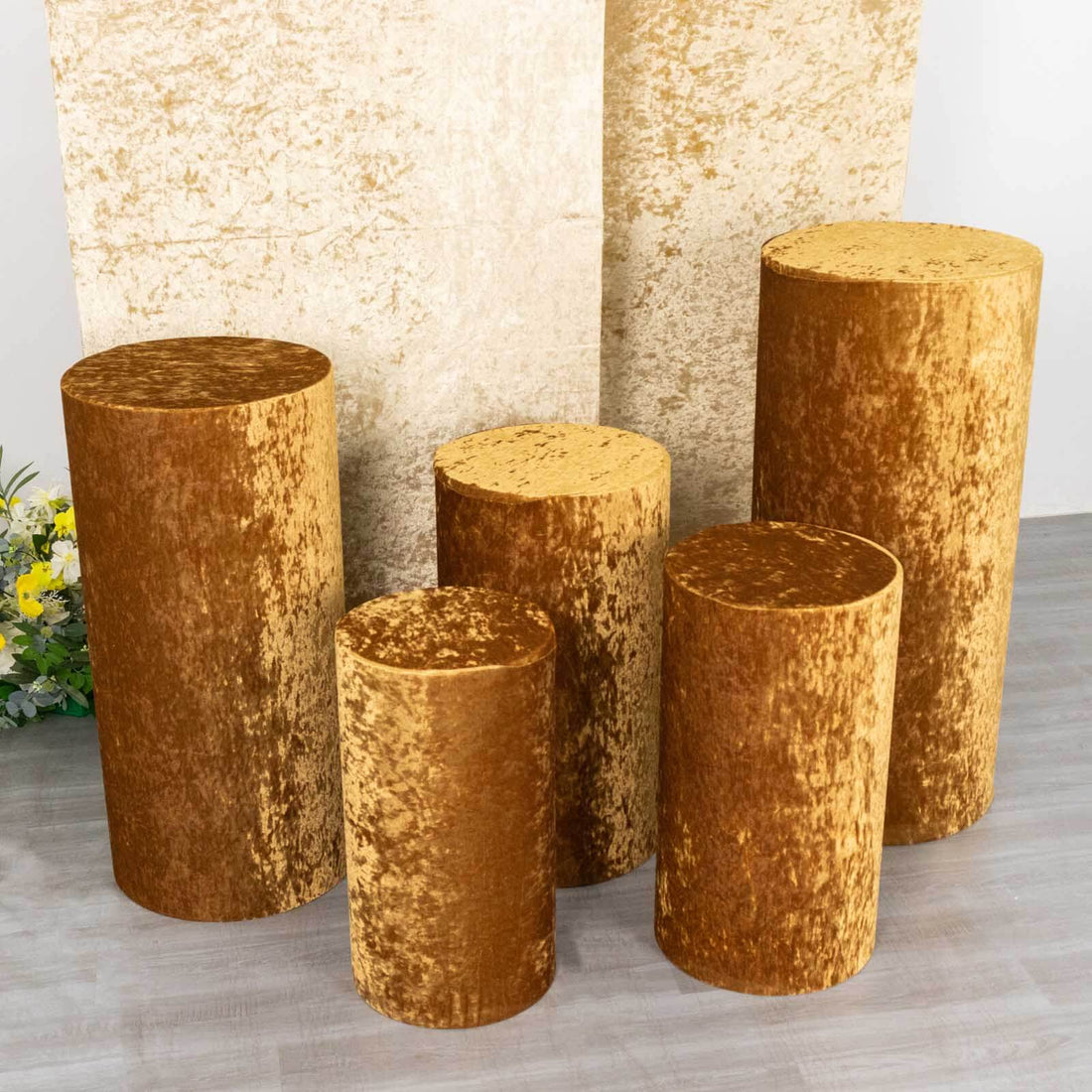 5 Gold Crushed Velvet Cylinder Pillar Prop Covers | eFavormart