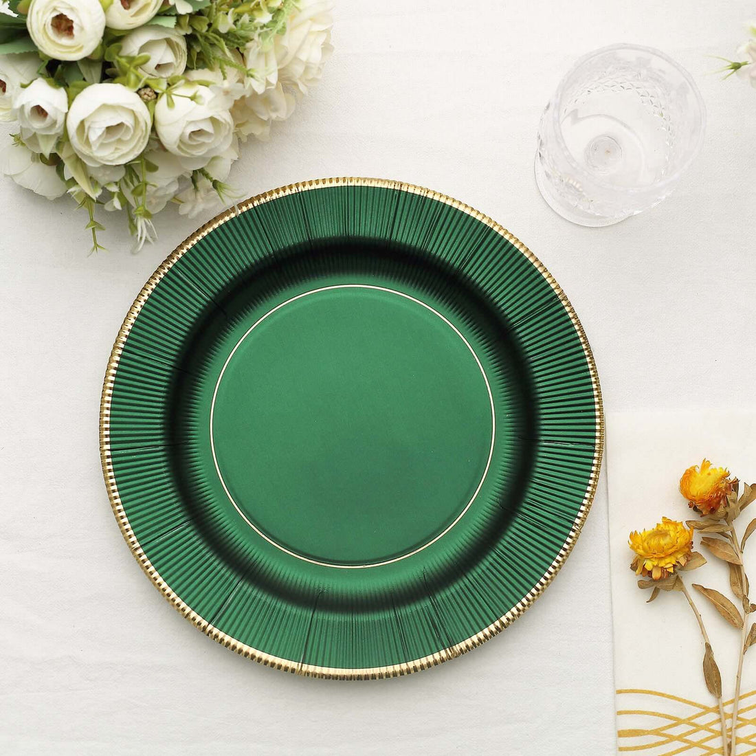 Sunray Paper Dinner Plates 10" Emerald Green Gold Rim | eFavormart