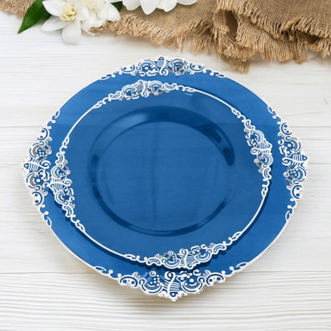 Embossed Rim Plastic Salad Plates 8" Navy Blue/Silver | eFavormart