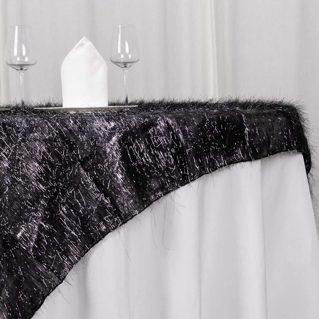 Fringe Tinsel Table Overlay 72"x72" Black | eFavormart