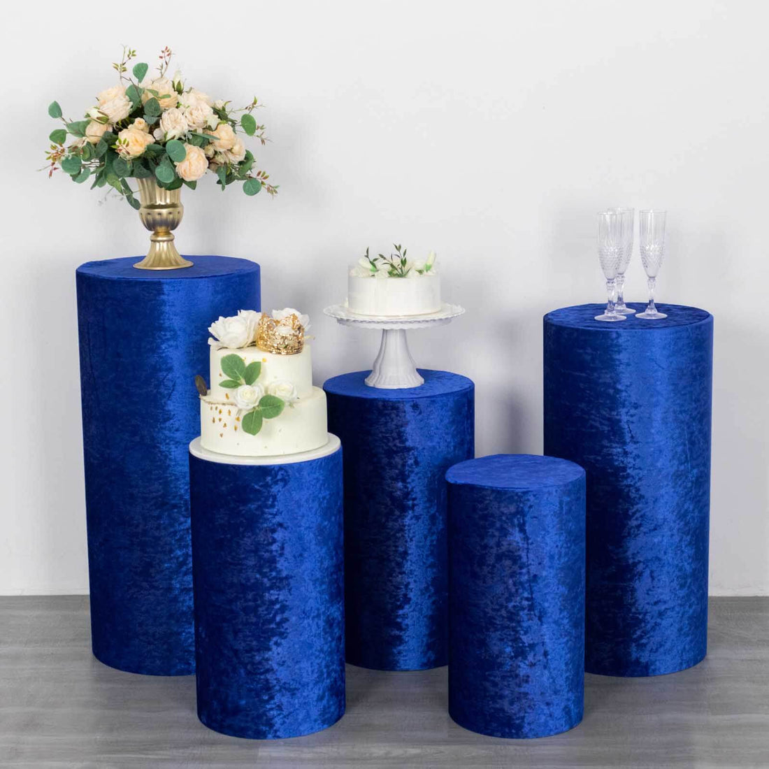 5 Royal Blue Velvet Cylinder Pillar Prop Covers | eFavormart