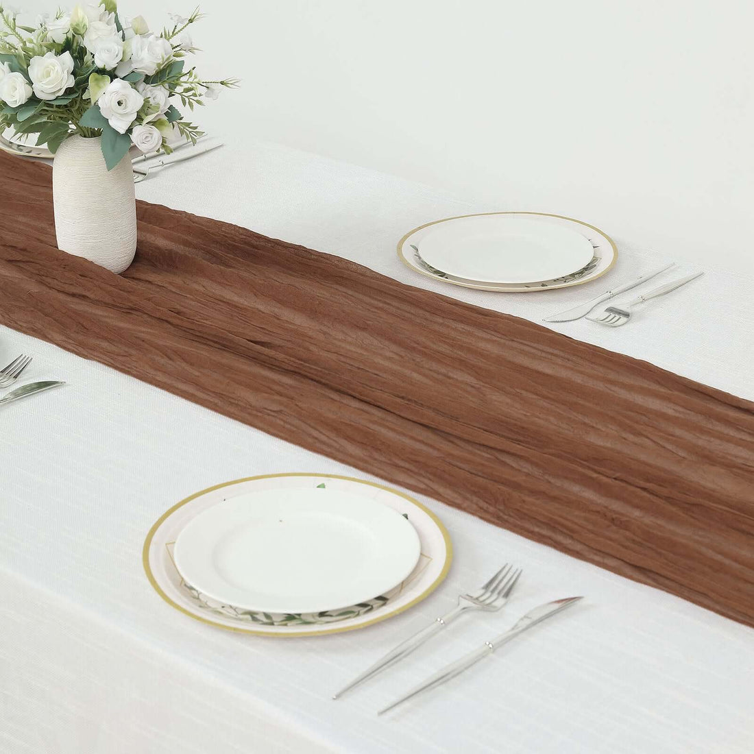 Cheesecloth Boho Table Runner 10ft Cinnamon Brown | eFavormart