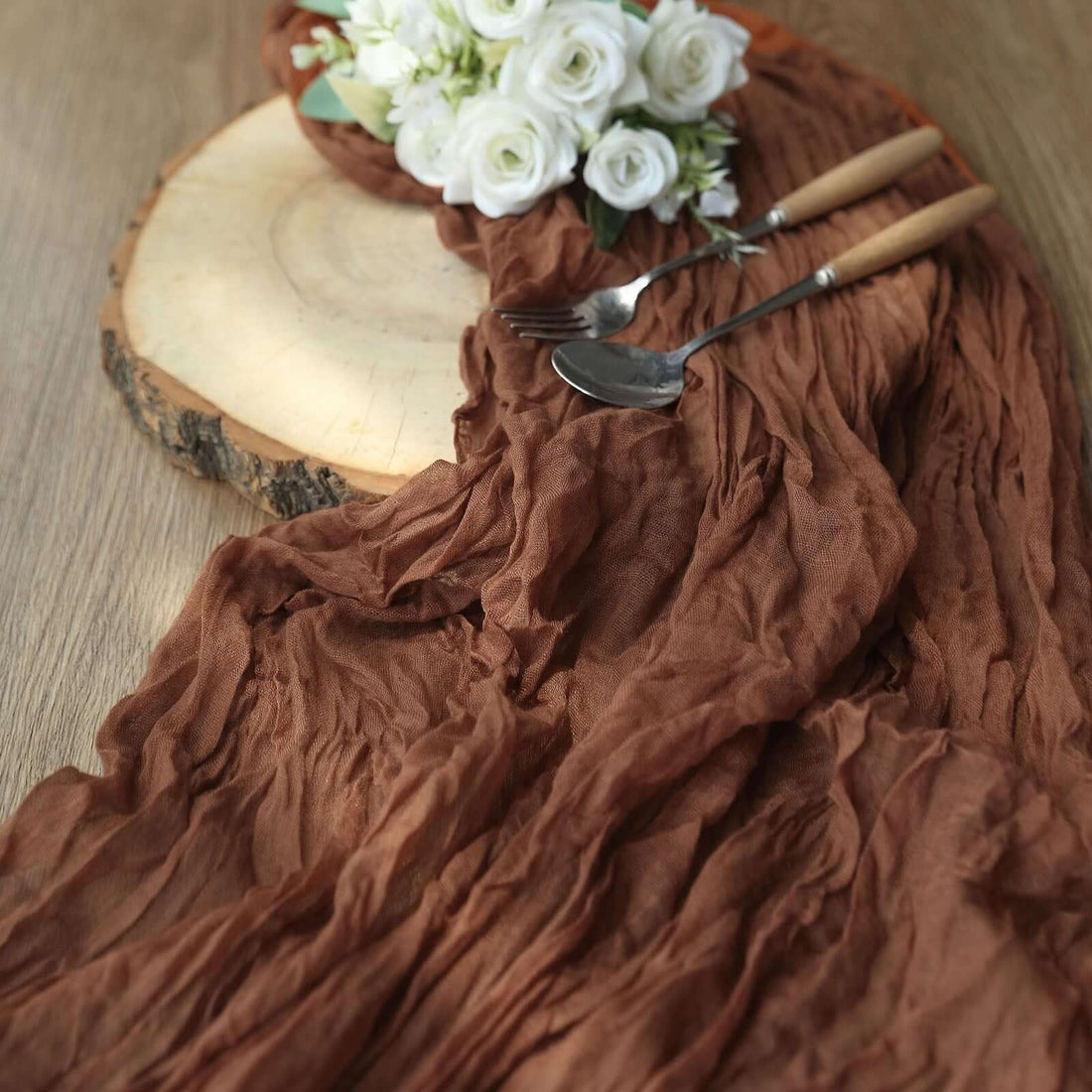 Cheesecloth Boho Table Runner 10ft Cinnamon Brown | eFavormart