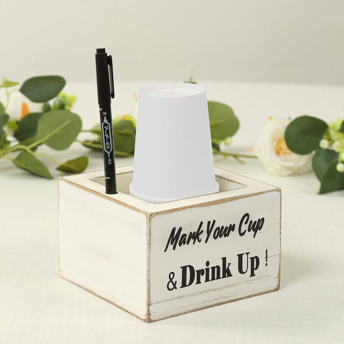 Wooden Solo Cup Holder Whitewashed 5.5" | eFavormart