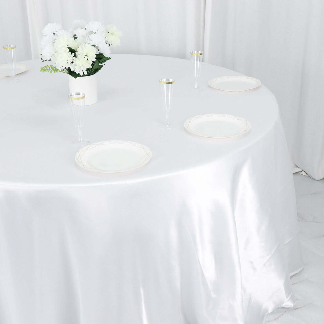 Satin Round Tablecloth 132" White | eFavormart