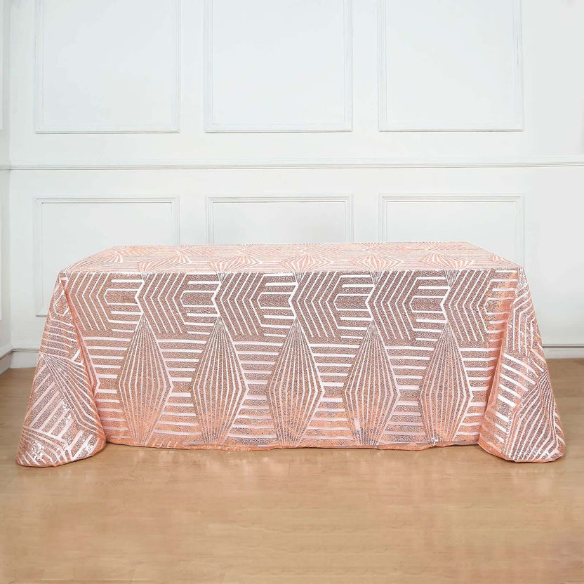 Diamond Pattern Sequin Tablecloth 90"x132" Rose Gold | eFavormart