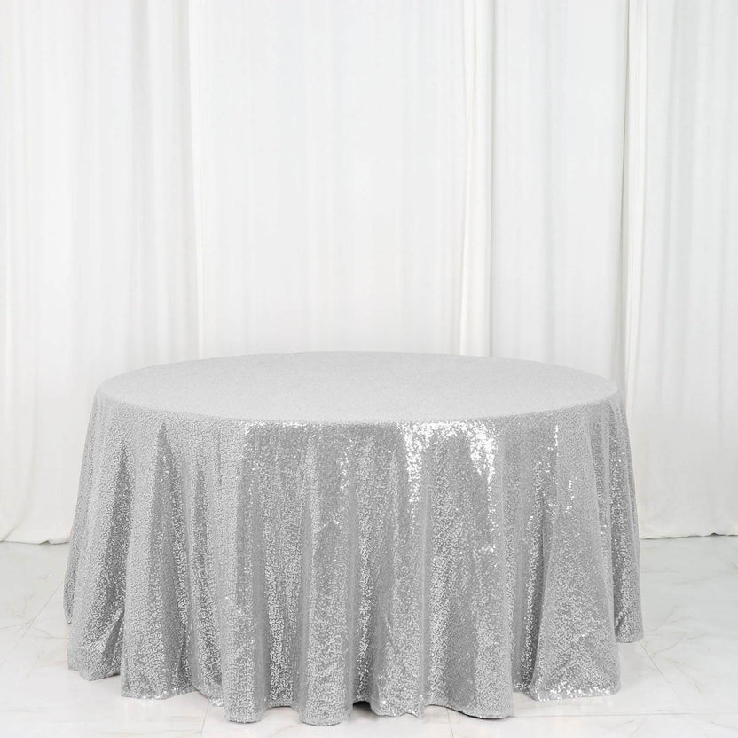 Sequin Round Tablecloth 120" Silver | eFavormart