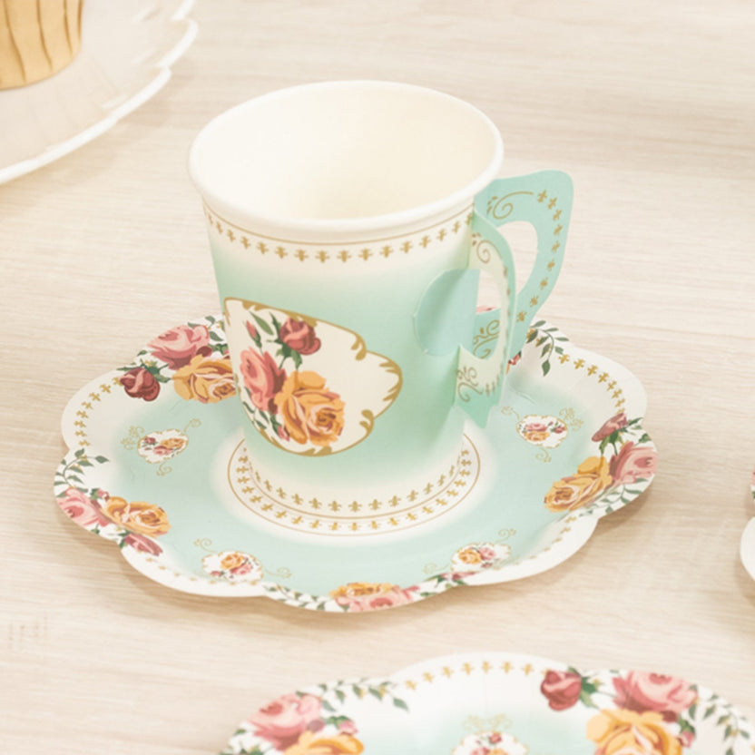 Paper Cups Saucers Rose Floral Set 25 Pack Turquoise | eFavormart