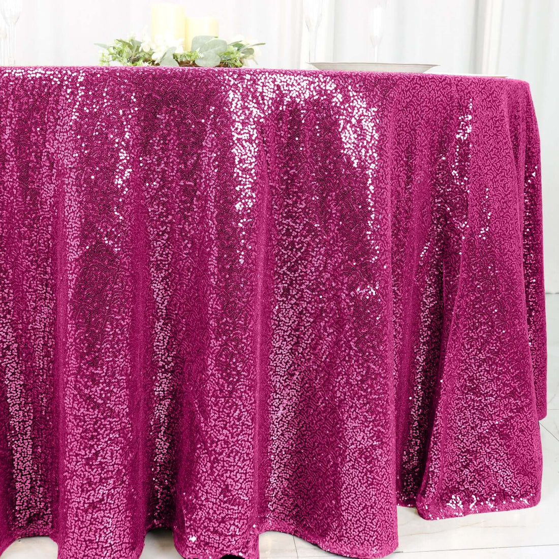 Sequin Round Tablecloth 120" Fuchsia | eFavormart