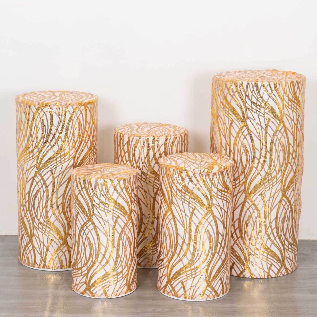 5 Rose Gold Wave Mesh Cylinder Pillar Prop Covers | eFavormart