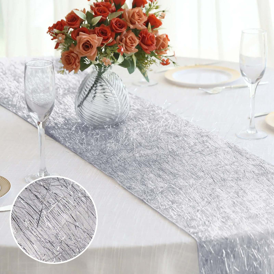 Fringe Shag Table Runner 12"x108" Silver | eFavormart