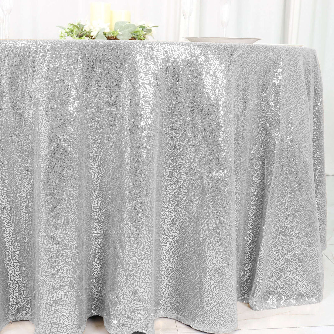 Sequin Round Tablecloth 120" Silver | eFavormart