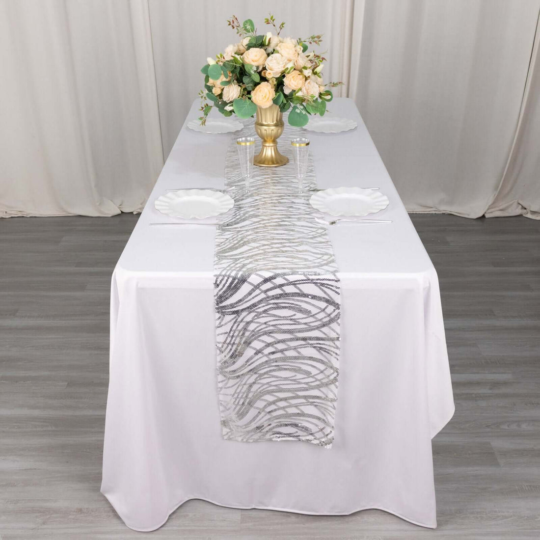 Wave Sequin Table Runner 12"x108" Silver | eFavormart