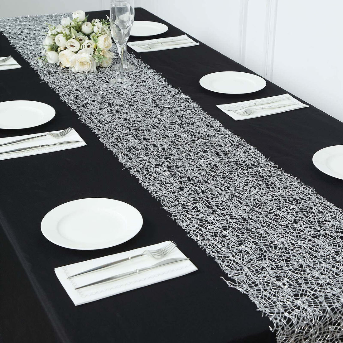 Schiffli Lace Table Runner 12"x108" Silver | eFavormart