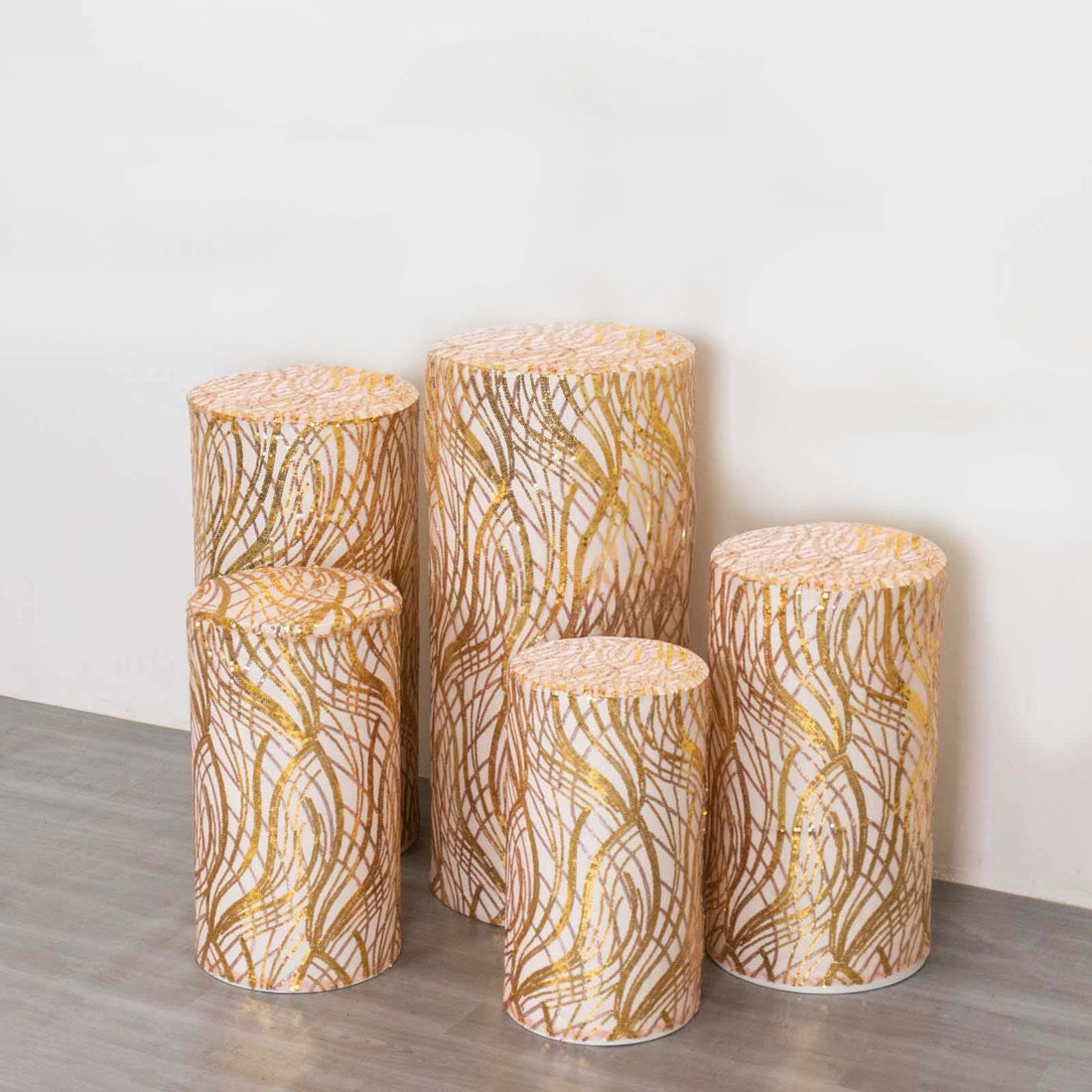 5 Rose Gold Wave Mesh Cylinder Pillar Prop Covers | eFavormart
