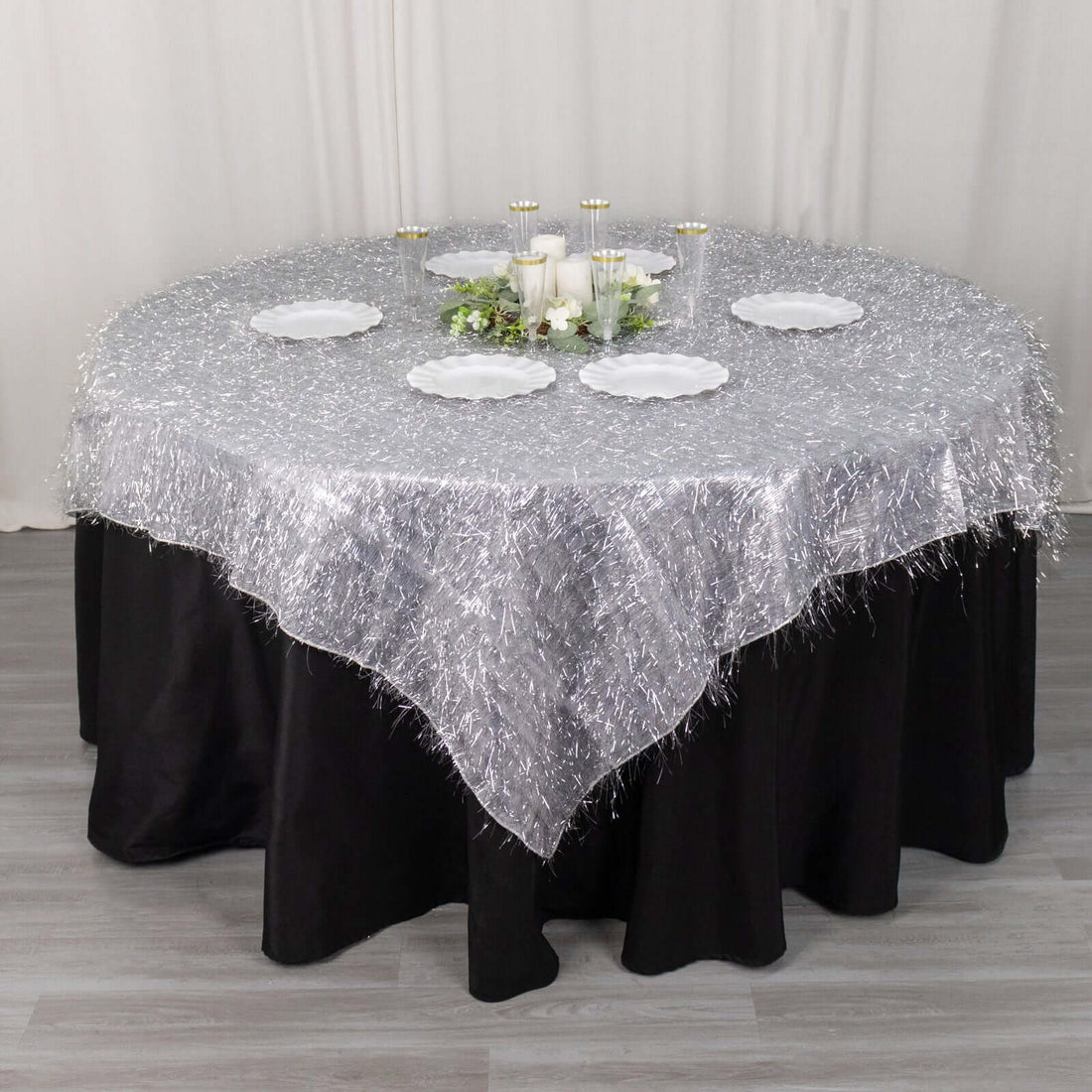 Fringe Tinsel Table Overlay 72"x72" Silver | eFavormart