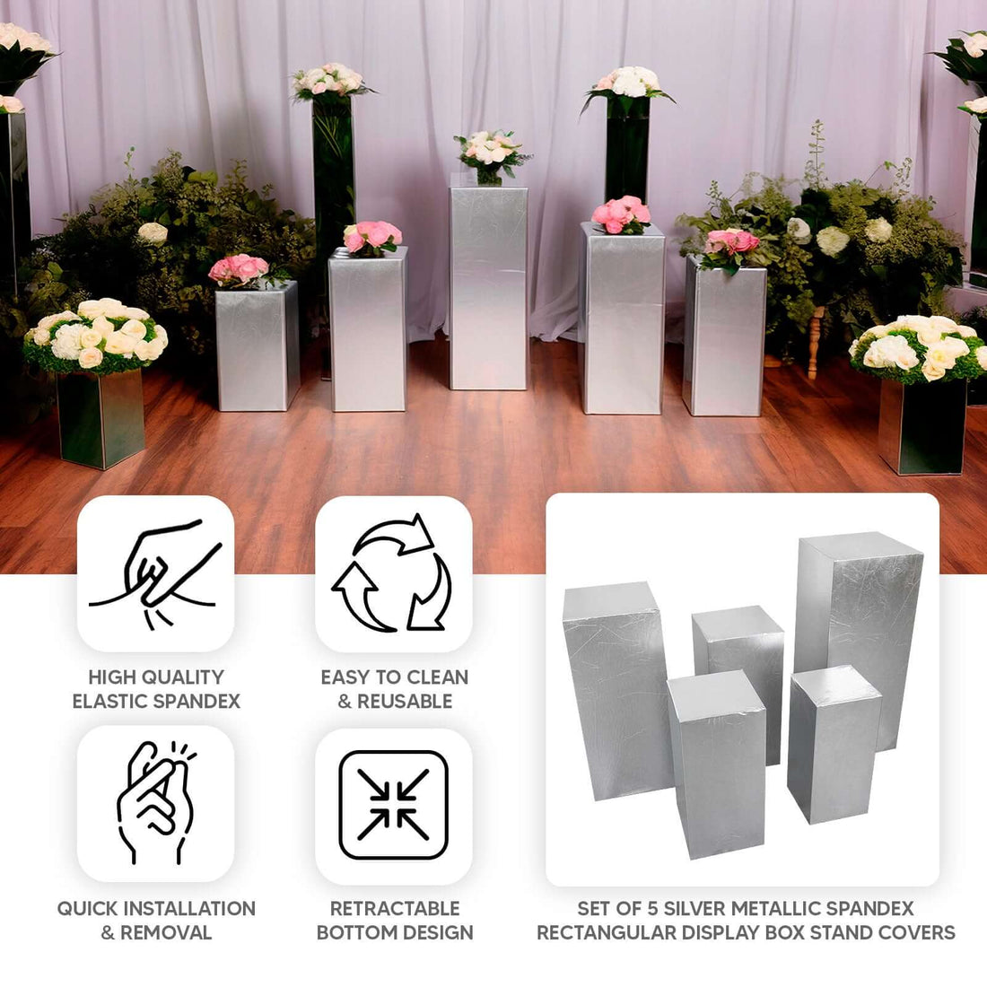 5 Metallic Silver Spandex Pillar Prop Covers | eFavormart