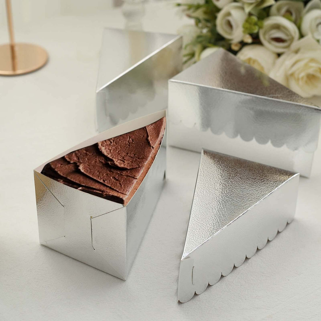 Paper Triangle Cake Slice Boxes 5"x3" Silver | eFavormart