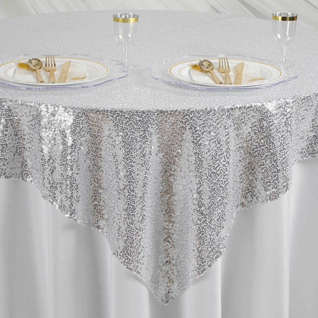 Sequin Square Table Overlay 60"x60" Silver | eFavormart