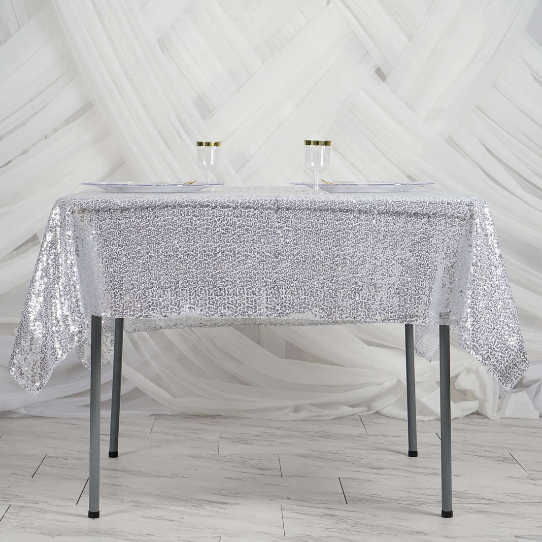 Sequin Square Table Overlay 60"x60" Silver | eFavormart