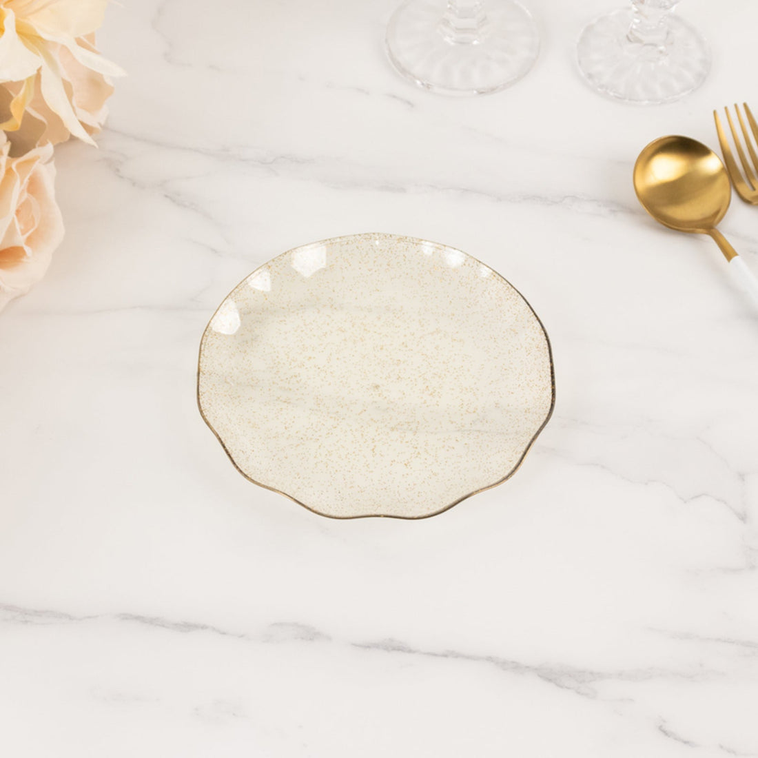 Plastic Round Ruffled Dessert Plates 6" Gold Glitter | eFavormart