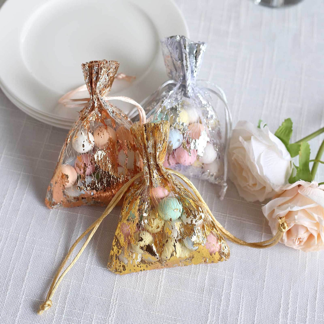 12-Pack Gold Foil Drawstring Favor Bags 4x5 | eFavormart