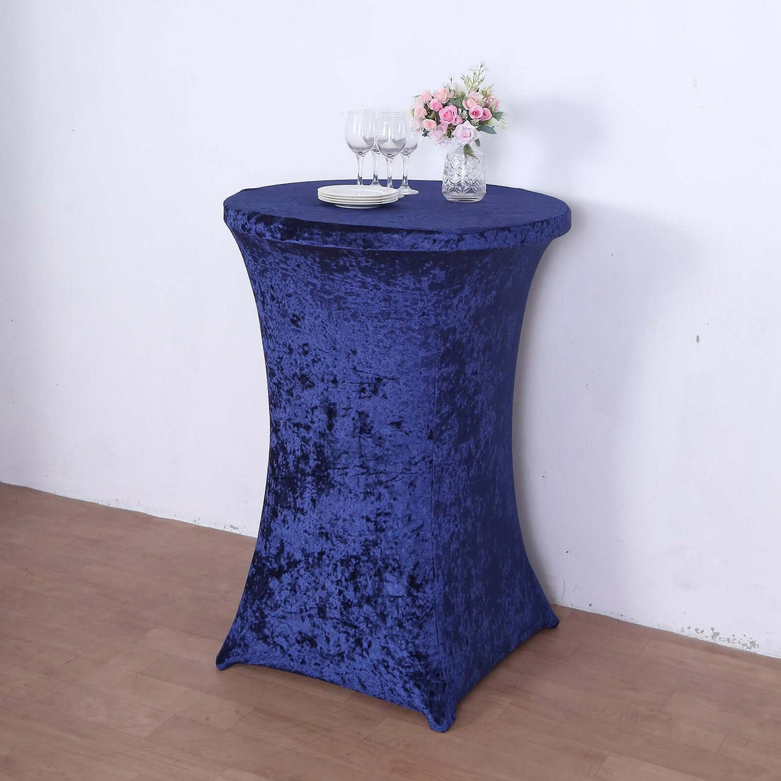 Crushed Velvet Highboy Tablecloth 32" Navy Blue | eFavormart