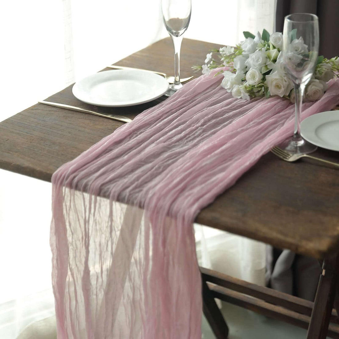 Cheesecloth Boho Table Runner 10ft Pink | eFavormart