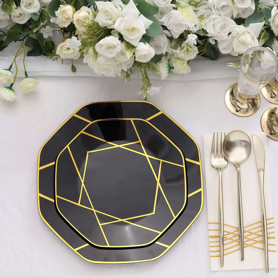 Plastic Octagon Dinner Plates 10" Black/Gold | eFavormart