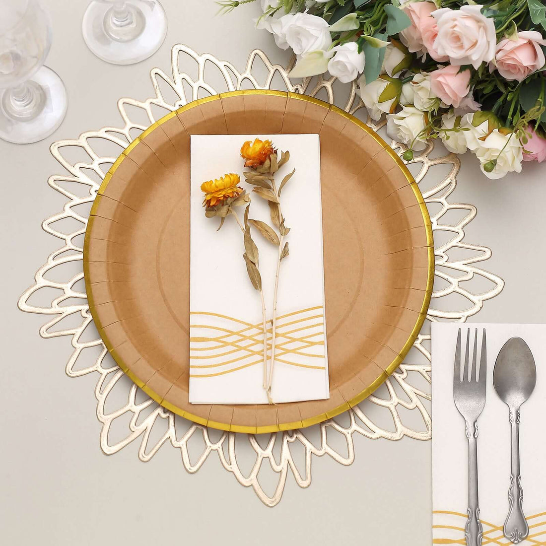 Kraft Paper Dinner Plates 10" Natural Brown Gold Rim | eFavormart