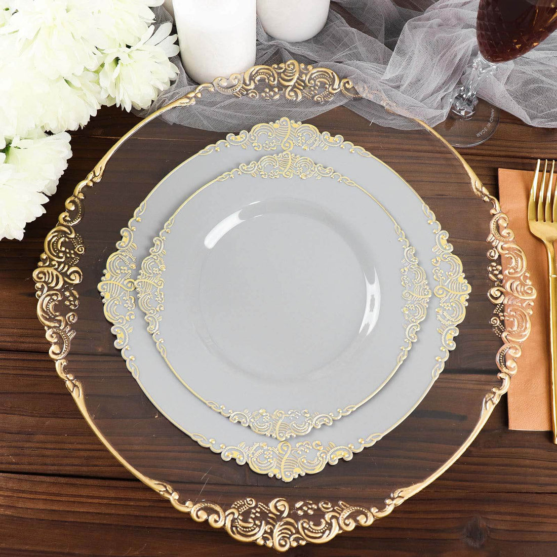 Leaf Embossed Rim Plastic 10" Dinner Plates Gray/Gold | eFavormart