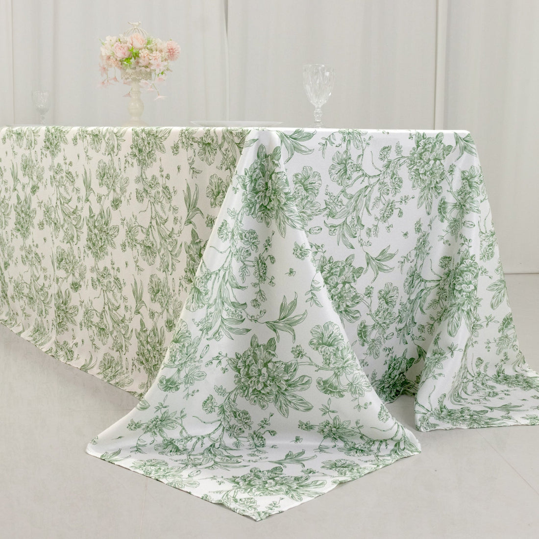 90"x156" Dusty Sage Toile Polyester Tablecloth | eFavormart