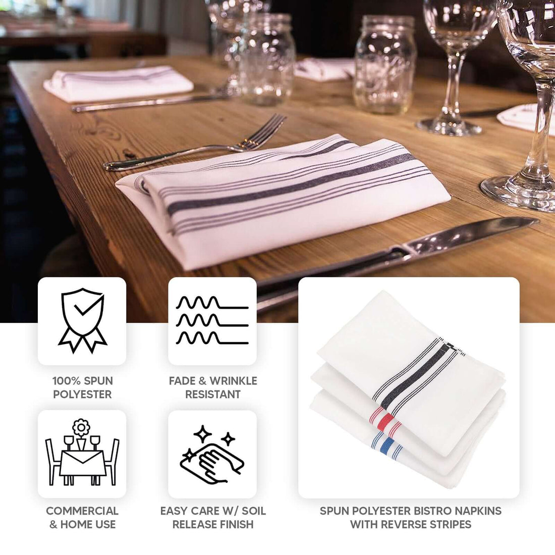 Polyester Bistro Napkins 18"x22" Red Stripes | eFavormart