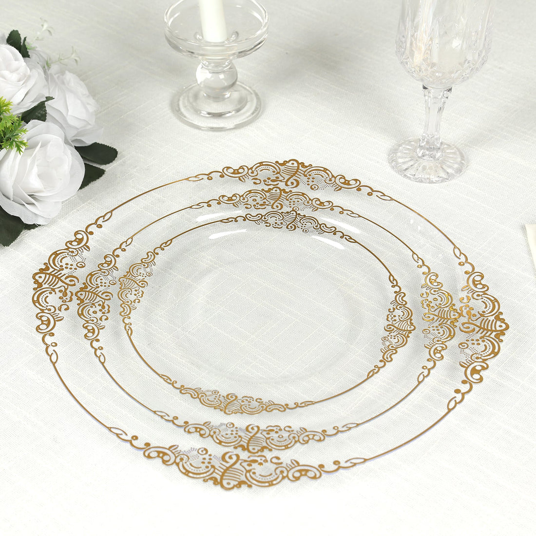 Baroque Rim Plastic Charger Plates Clear/Gold 20 Pack | eFavormart