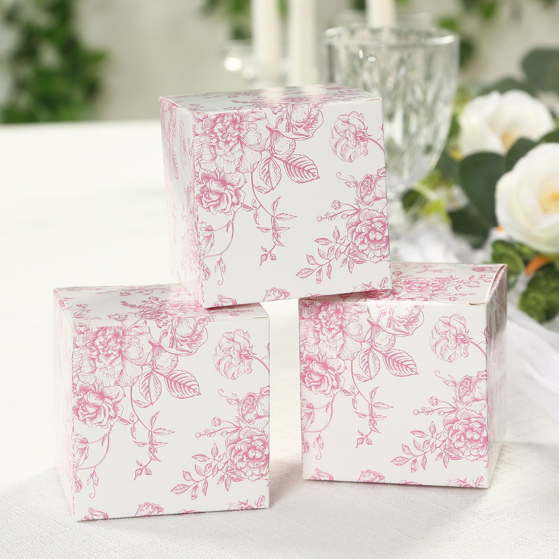 25 Pack White Pink Floral Candy Boxes | eFavormart