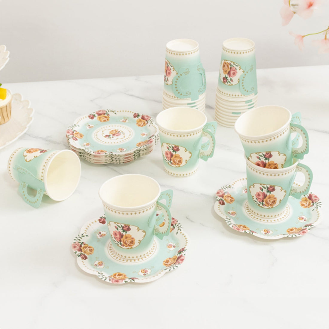 Paper Cups Saucers Rose Floral Set 25 Pack Turquoise | eFavormart