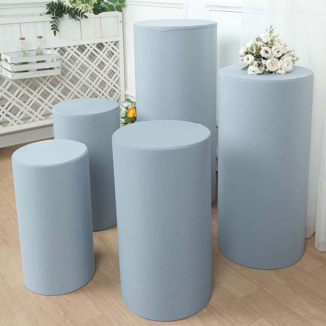 5 Dusty Blue Cylinder Pillar Prop Covers | eFavormart
