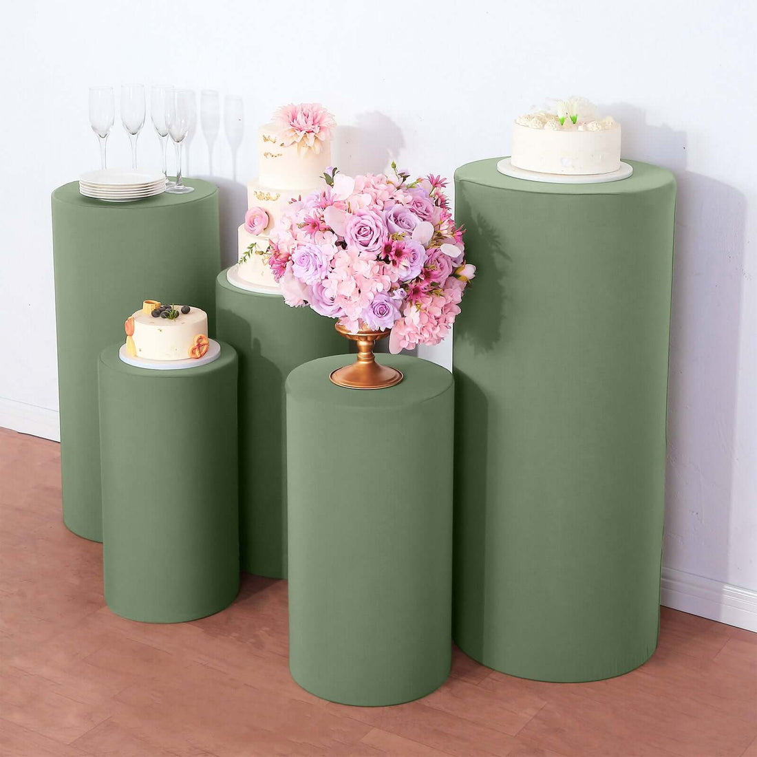 5 Dusty Sage Green Cylinder Pillar Prop Covers | eFavormart
